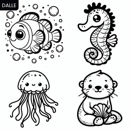 Cute Ocean Animals Coloring Pages | DALLE Prompt