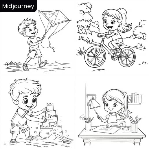 Children Everyday Actions Coloring Book Pages | Midjourney Prompt